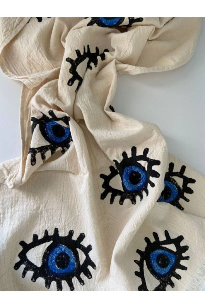 Denizli Peştemal, Mavi Göz El Baskı Desen, %100 Doğal Pamuk, Plaj Havlusu, Banyo Havlusu Mrmemo ...