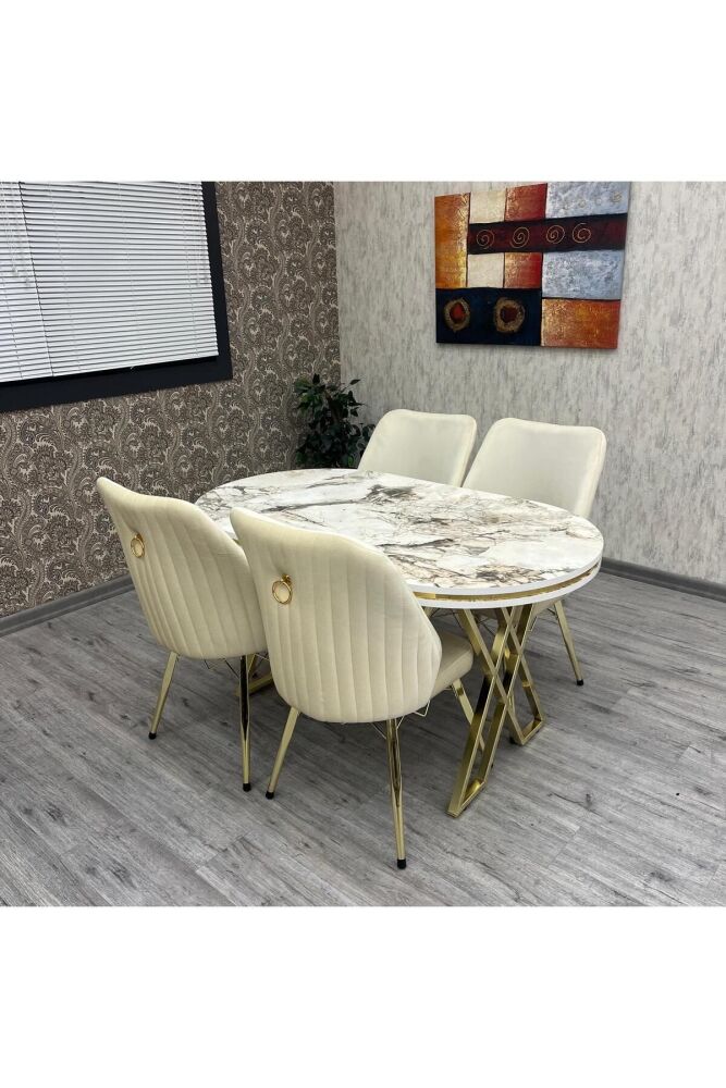 Mutfak Masa Sandalye Takımı Karnel 80-140 Oval Gold Beyaz Mermer 4 Ki ...