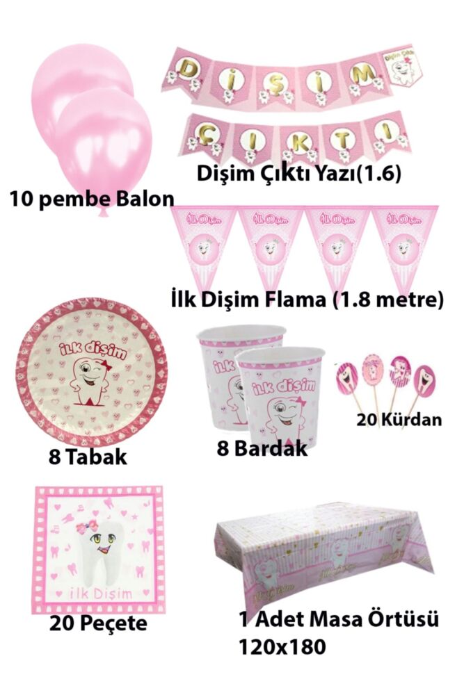 Pembe İlk Diş Buğdayı Kız Parti Seti Süsleme Paketi 8 Kişilik - Çarşı ...