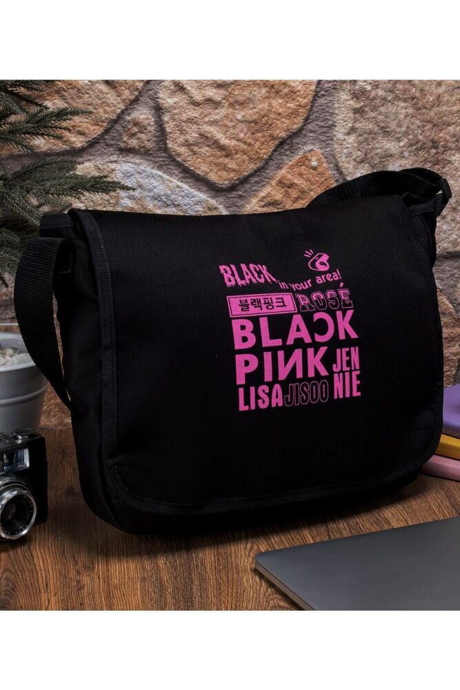 Siyah Unisex Pembe Black Pink Yazı Temalı Cırtlı Çapraz Çanta Postası ...